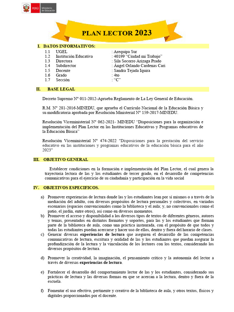 Plan Lector 4to Grado C 2023 | Descargar gratis PDF | Salón de clases | Ciencia cognitiva