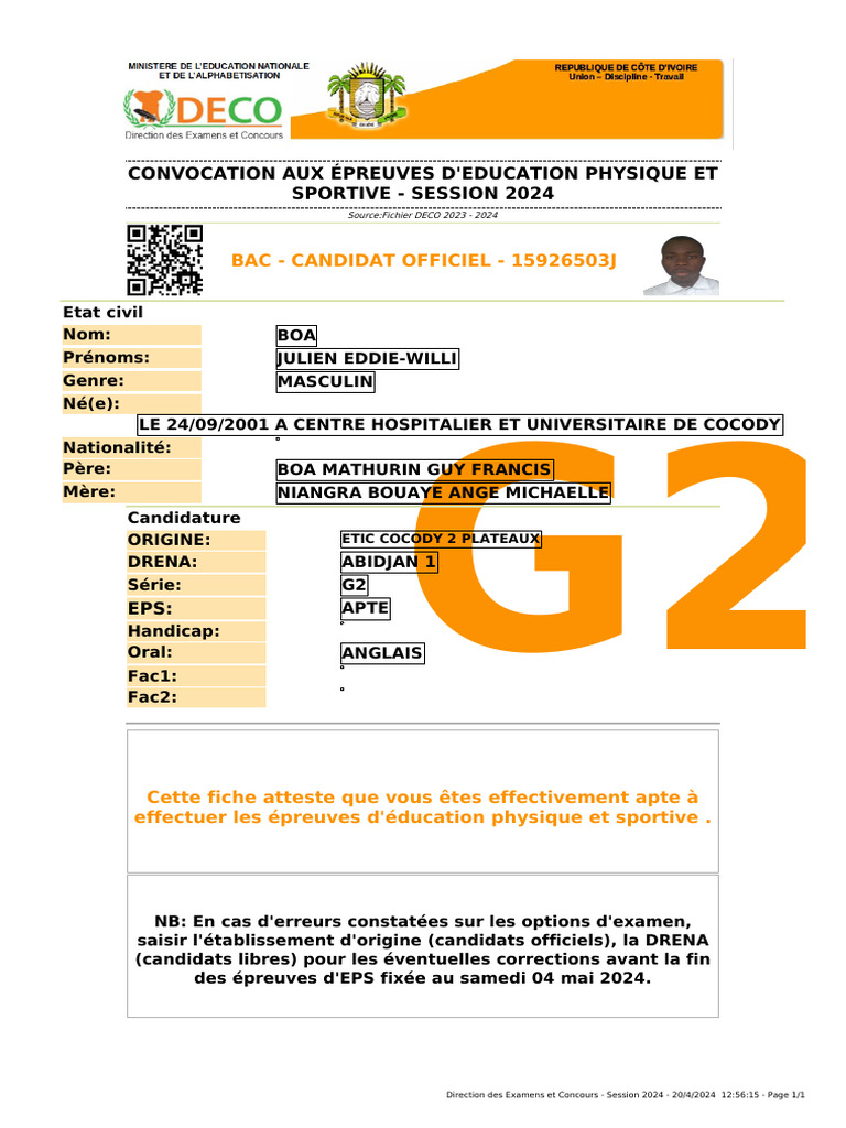 Convocation EPS BAC 2024 - Candidat G2 | PDF