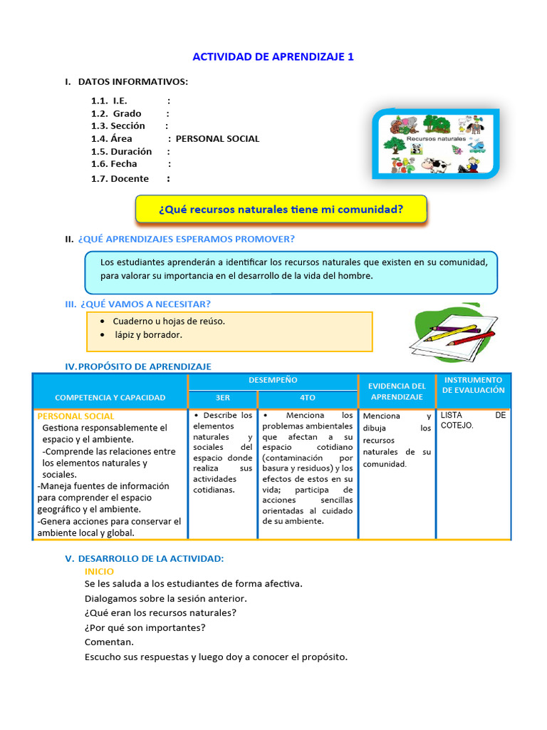 Recursos Naturales en Mi Comunidad | PDF | Evaluación | Aprendizaje