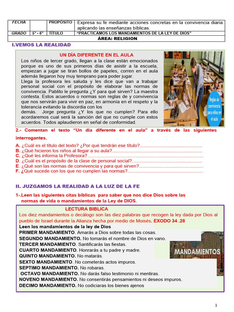 V-Religion - Practicamos Los Mandamientos de La Ley de Dios - Ficha | PDF | Diez Mandamientos ...