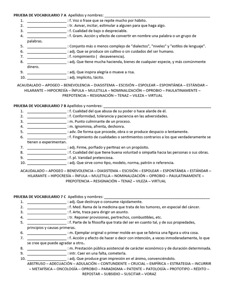 Prueba de Vocabulario 7 | PDF
