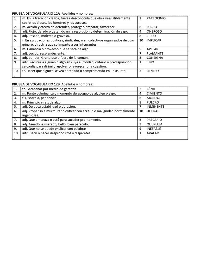 Prueba de Vocabulario 12 | PDF | Relaciones personales, crianza y ...