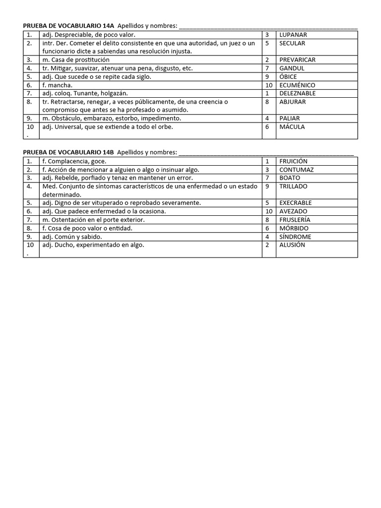 Prueba de Vocabulario 14 | PDF