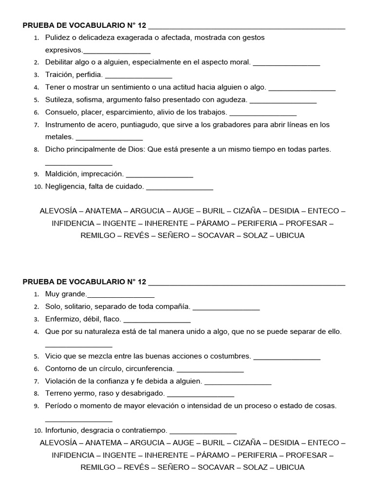 Prueba de Vocabulario N° 12 | PDF
