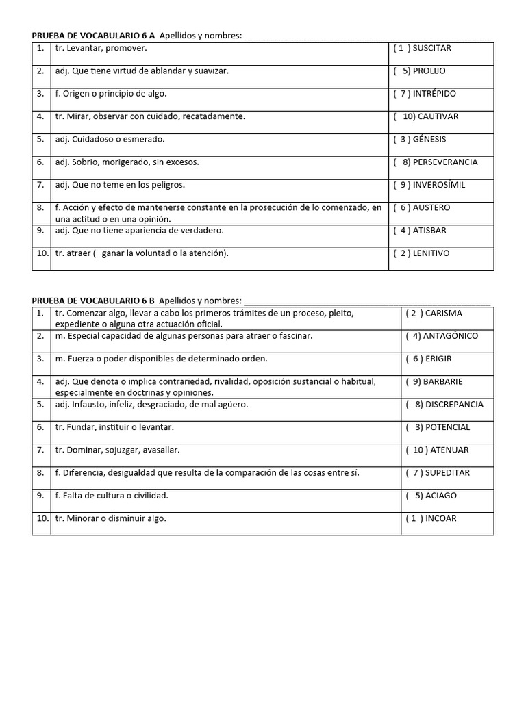 Prueba de Vocabulario 6 | PDF