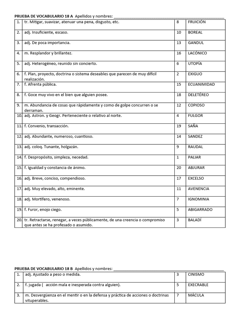Prueba de Vocabulario 18 | PDF