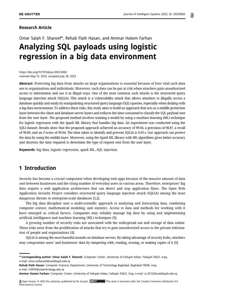Analyzing Sql Payloads Using Logistic Regression I Pdf Databases 9800