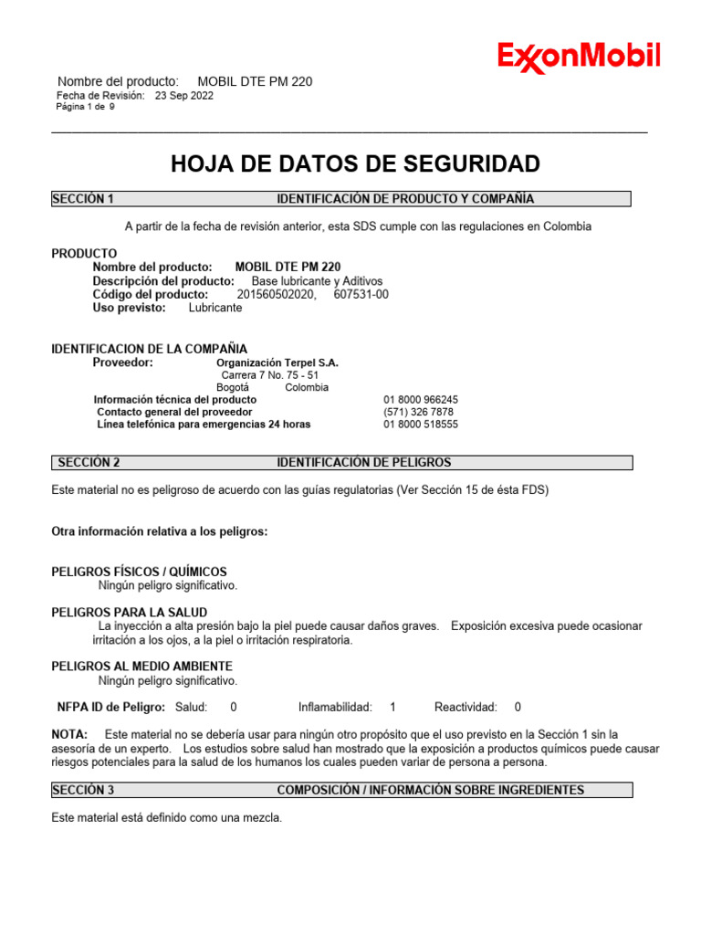 Hoja de Seguridad Mobil DTE PM 220 | PDF | Agua | Ventilación ...
