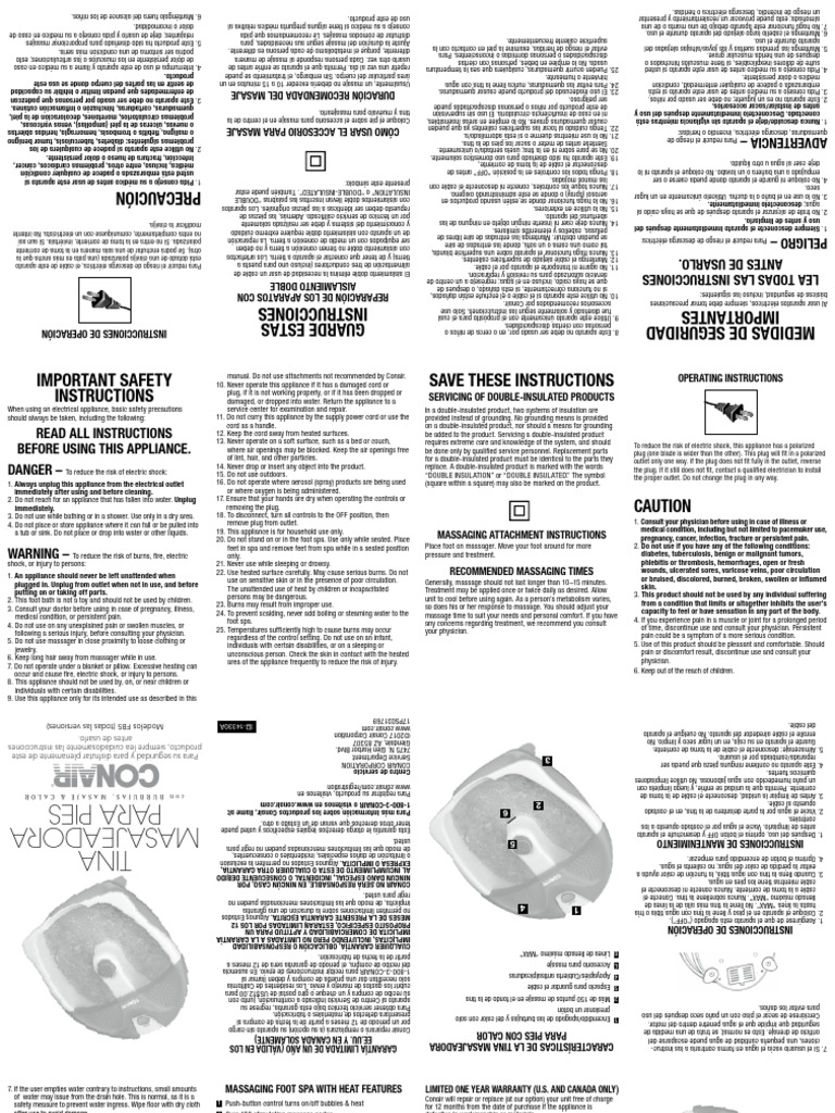 Conair Product Instruction Booklet fb5 Tina Spa para Pies 1 | PDF ...