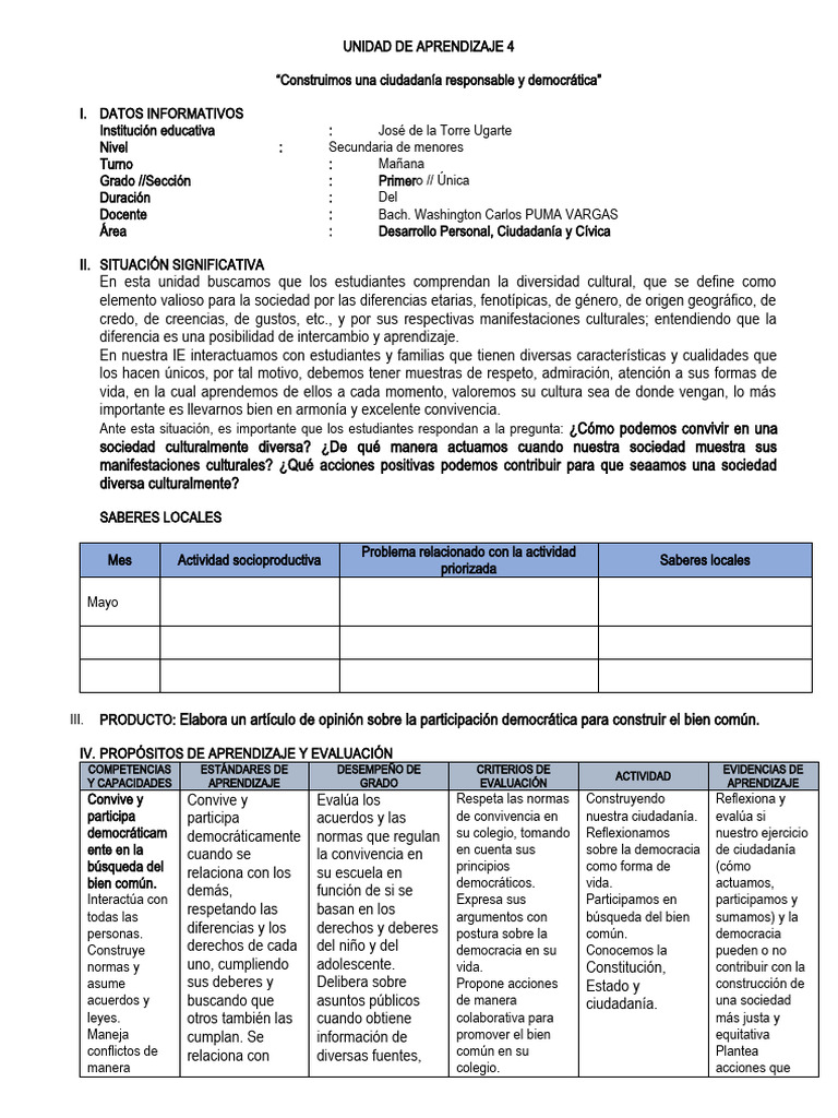 Unidad de Aprendizaje 4 DPCC - 1° 2022 | PDF | Aprendizaje | Democracia