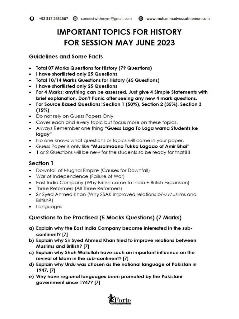 History Guess Paper And Mocks 2023 Pdf Muhammad Zia Ul Haq Pakistan