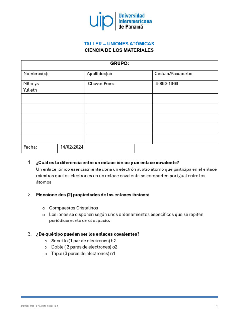 Taller sobre Uniones Atómicas | PDF | Enlace covalente | Enlace químico