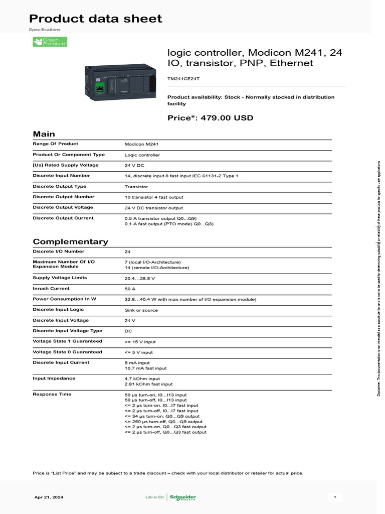 Schneider Electric - Modicon-M241-Micro-PLC - TM241CE24T | PDF | Programmable Logic Controller ...