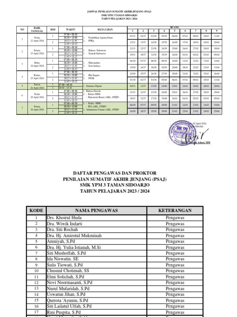 Jadwal Dan Pengawas PSAJ - 2024 | PDF