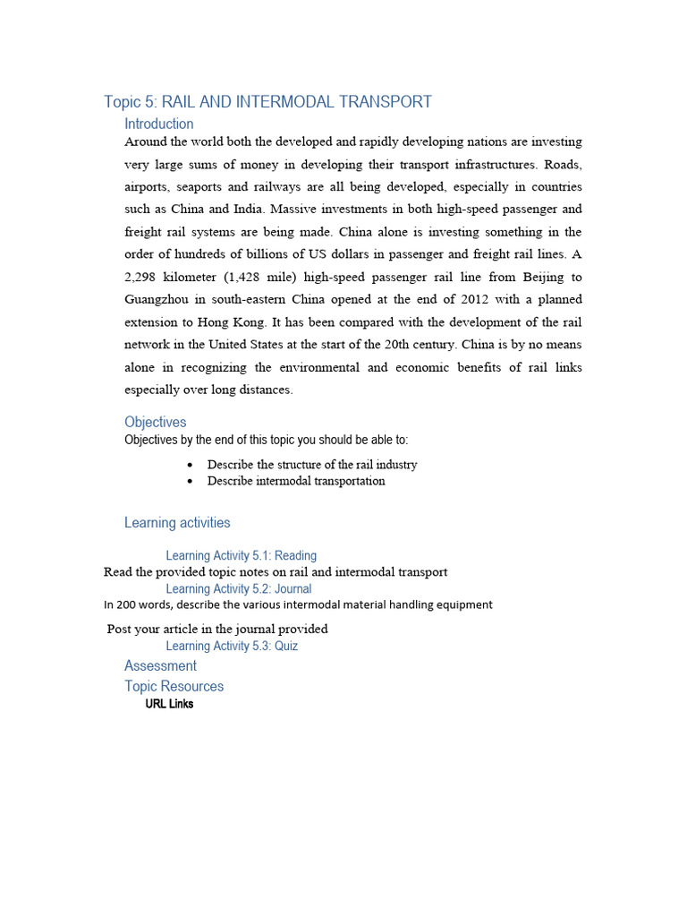 Topic 5 Rail and Intermodal Transport | PDF | Transport | Rail Transport