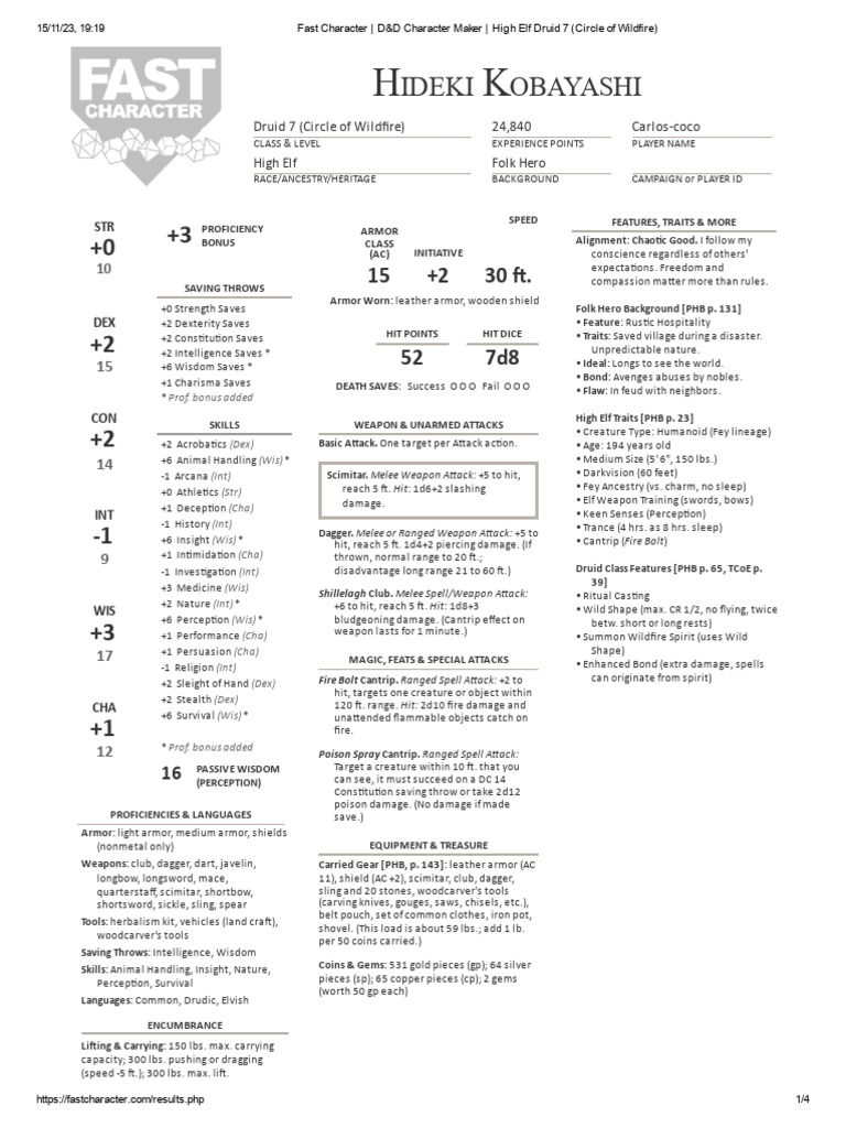 Hideki - Kobayashi - High Elf Druid 7 (Circle of Wildfire) | PDF | Dungeons & Dragons | Gary ...