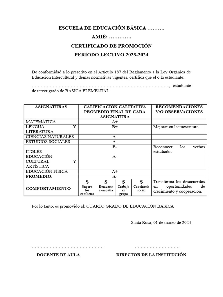 Certificado de Promociòn Provisional - Un Ejemplo | PDF