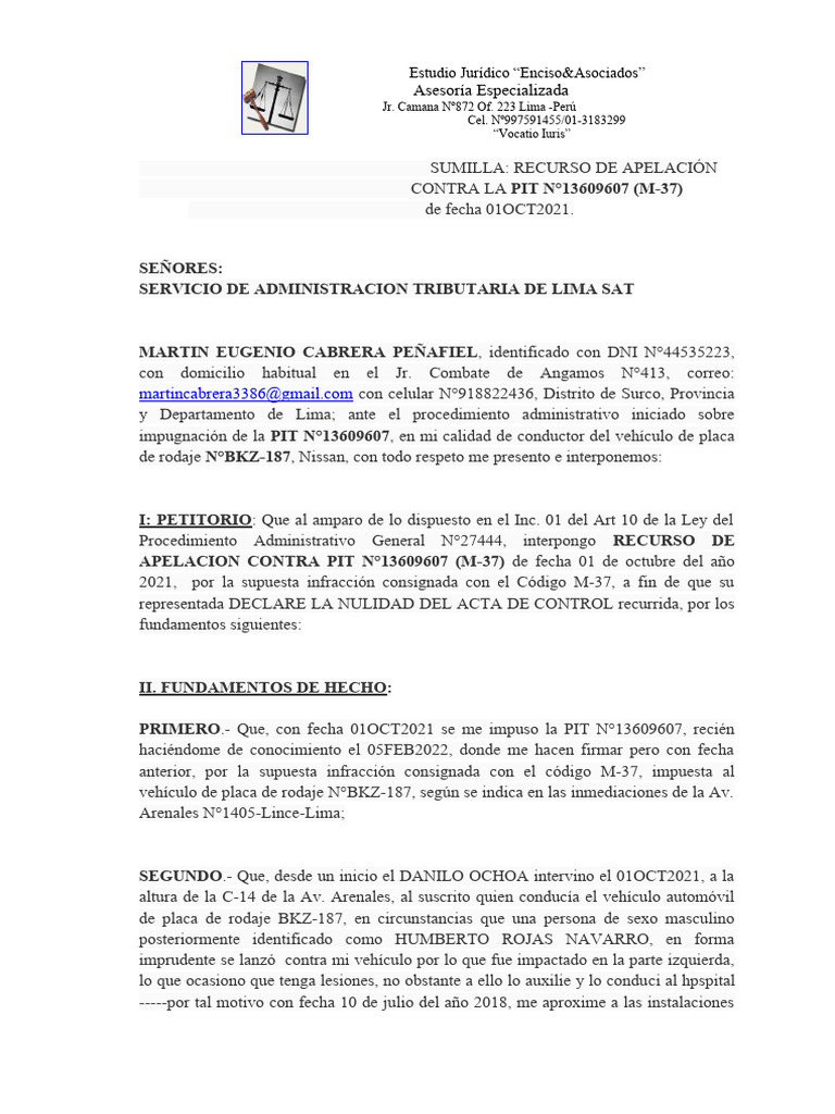 APELACION AL SAT-LIMA (MARTIN CABRERA) | PDF | Policía | Documento de identidad