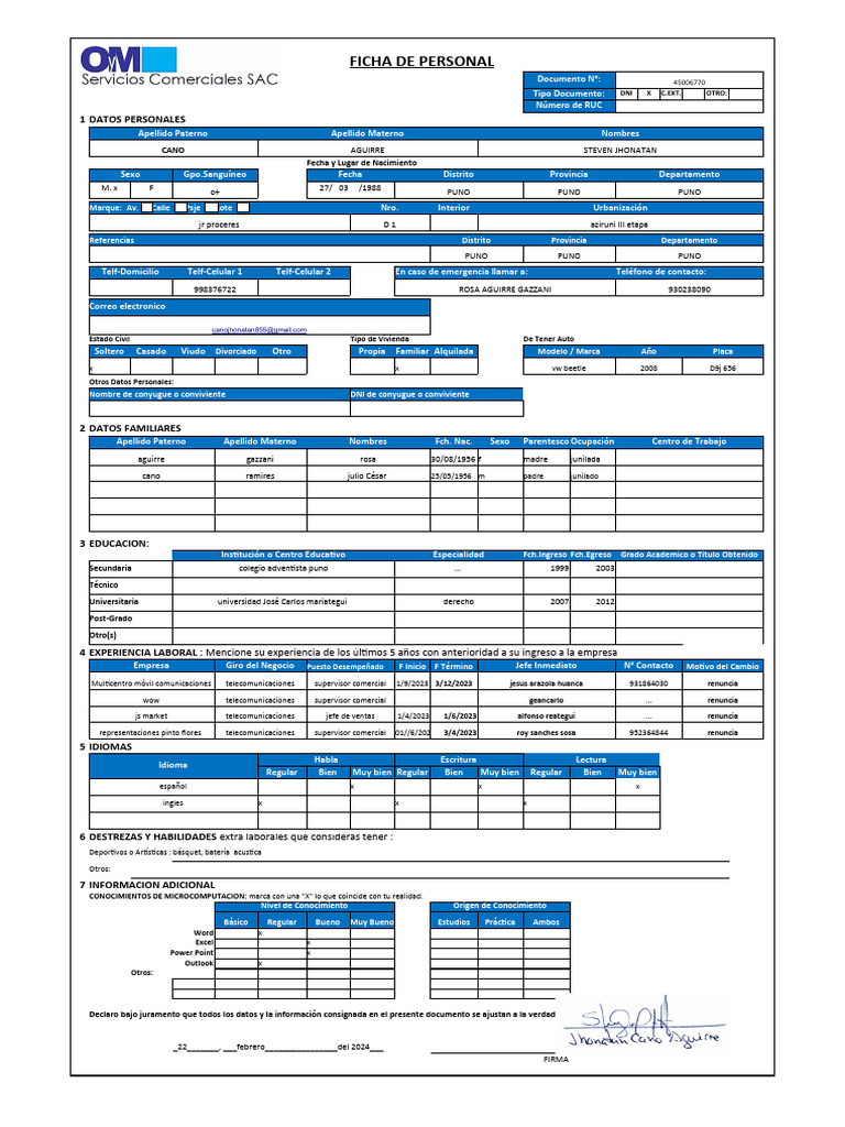 Ficha Personal Oym | PDF