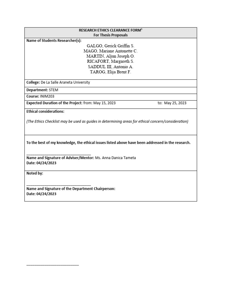 Ethics Clearance Form | PDF