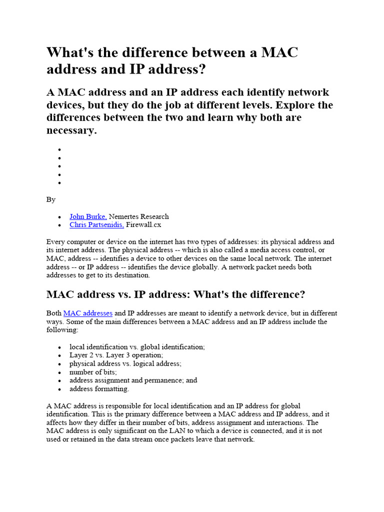 Difference Between Mac and Ip Address | PDF | Computer Network | Ip Address