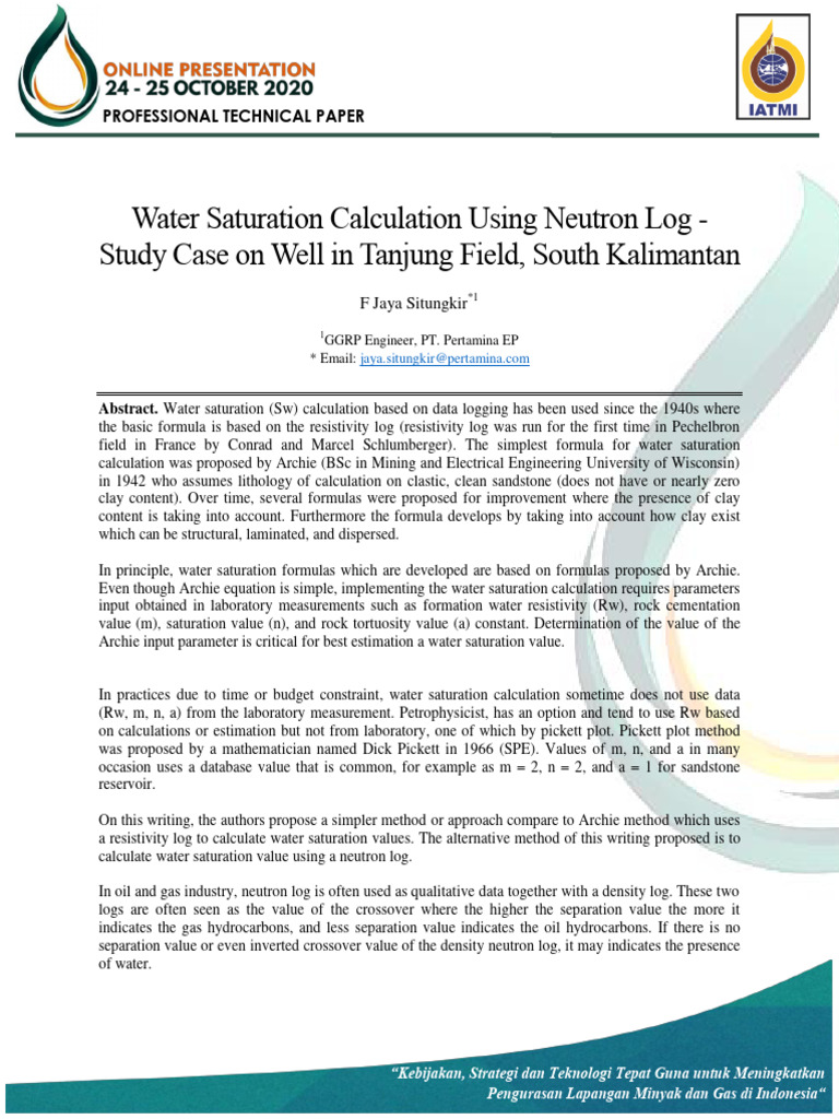 IATMI 20-016 Water Saturation Calculation Using Neutron Log - Study ...