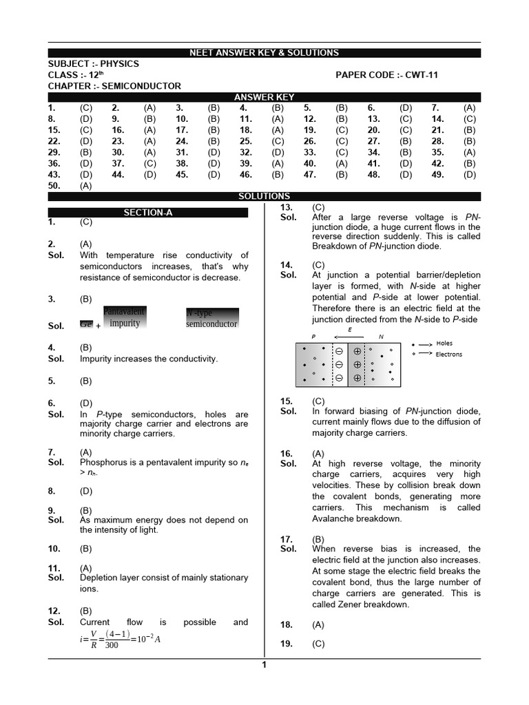NEET Physics Answer Key | PDF | P–N Junction | Electricity