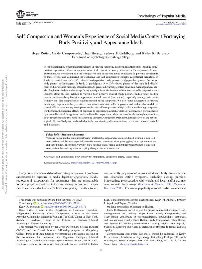 Self-Compassion and Women’s Experience of Social Media Content ...