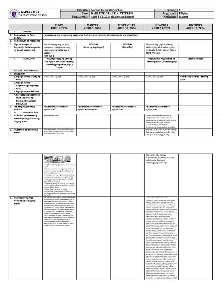 DLL in Filipino 6 Q4 W2 | PDF