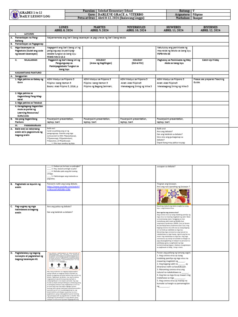 DLL in Filipino 5 Q4 W2 | PDF