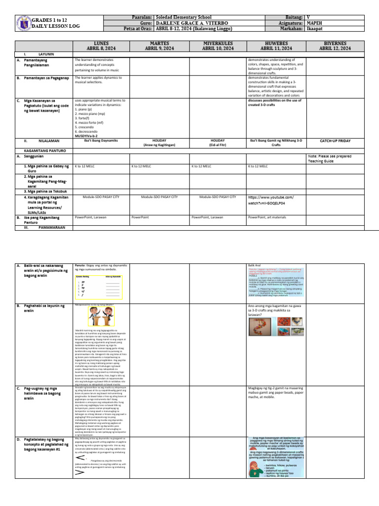 DLL in MAPEH 5 Q4 W2 | PDF