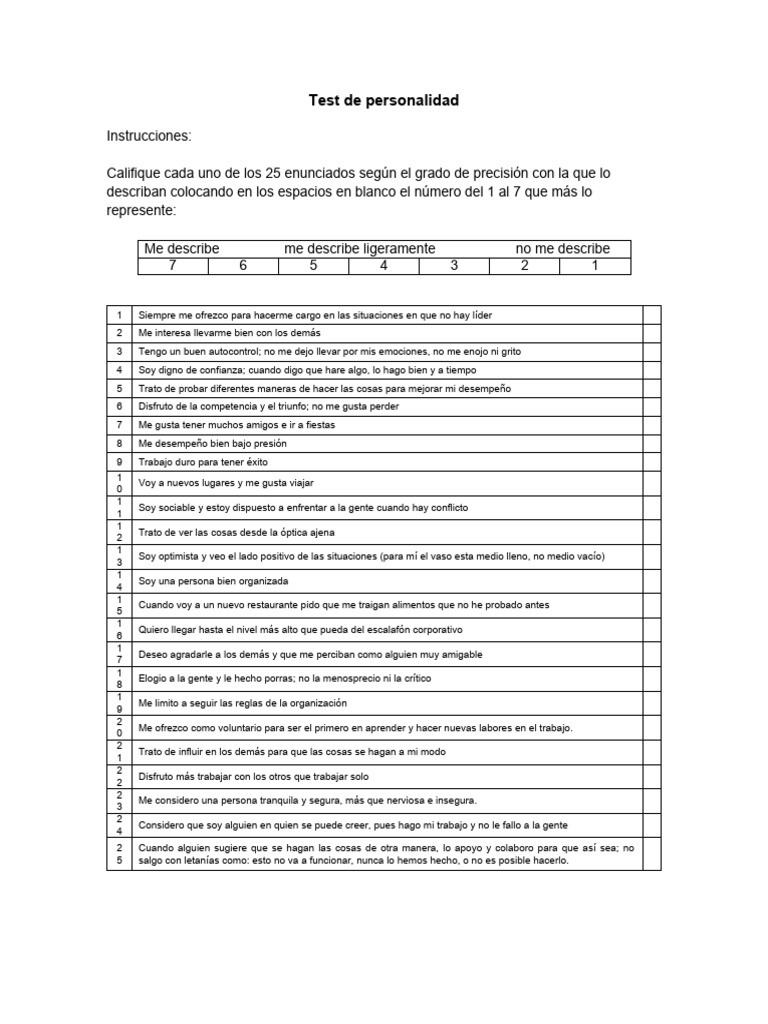 test perfil de las 5 grandes dimensiones | PDF | Empatía | Psicología ...