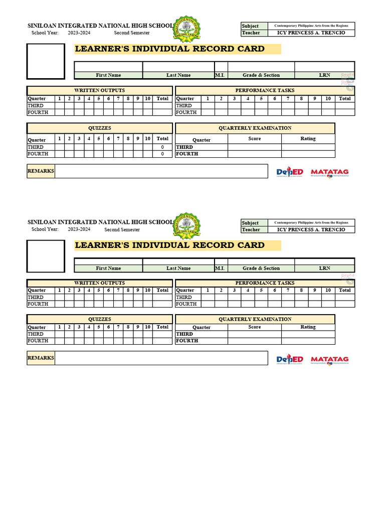 LEARNER'S INDIVIDUAL RECORD CARD (EXCEL) | PDF | Learning | Behavior ...