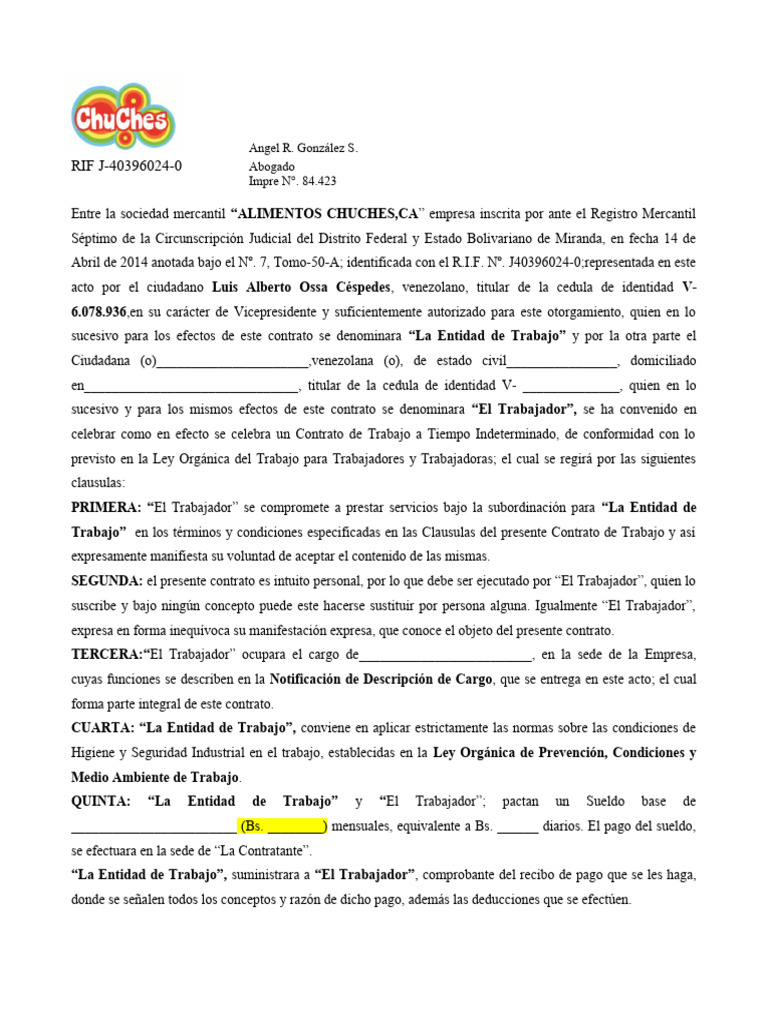 Contrato Trabajadores Administrativos Modelo | PDF | Salario | Documento de identidad