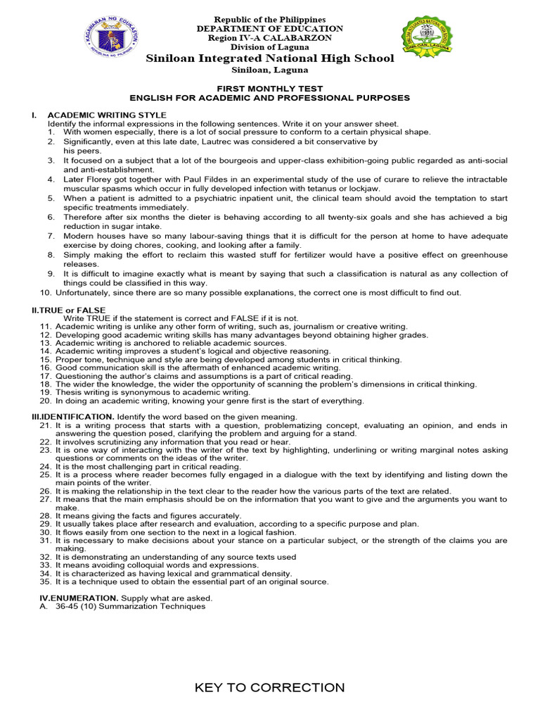 EAPP FIRST MONTHLY TEST | PDF | Critical Thinking | Cognition