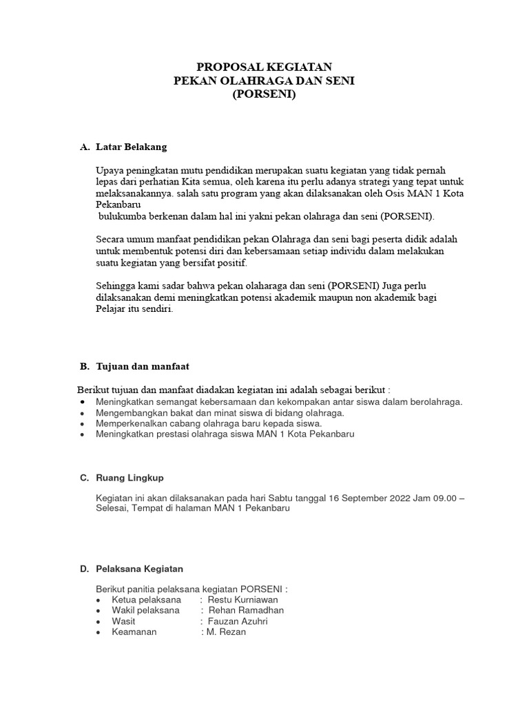 Proposal Kegiatan Pekan Olahraga Dan Seni (Porseni) : A. Latar Belakang ...