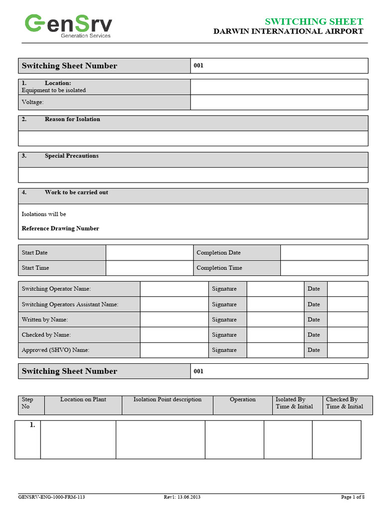 GENSRV-ENG-1000-FRM-113-1 - HV Switching Sheet | PDF | Switch ...