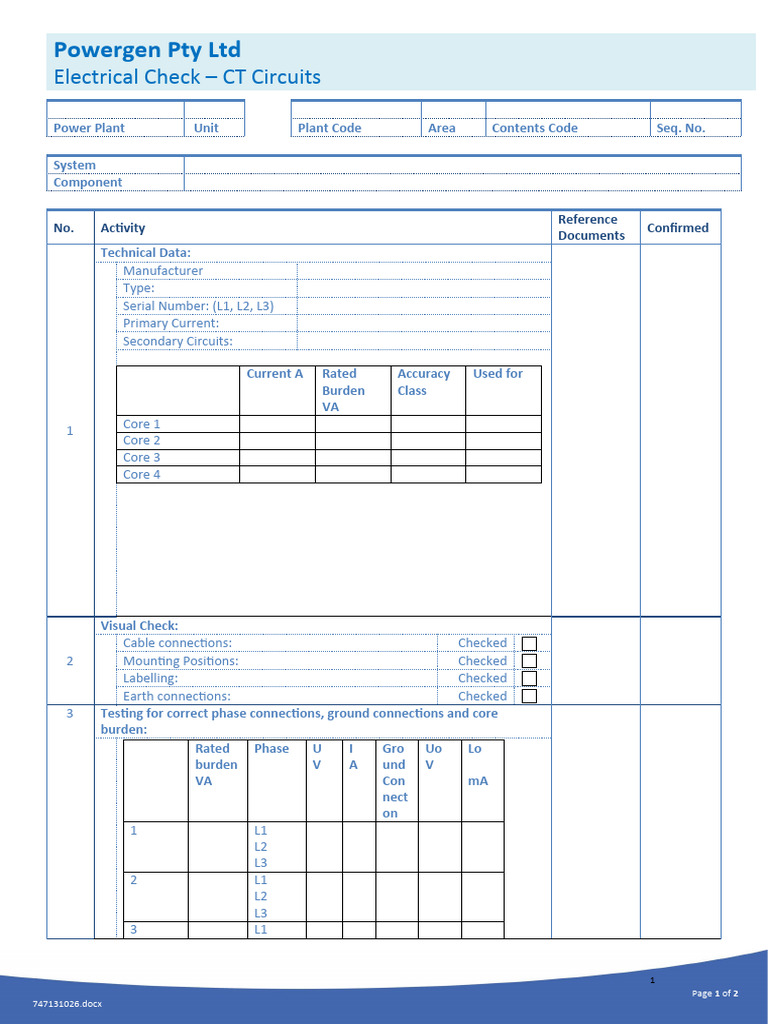 GENSRV-ENG-1000-FRM-024-A - Electrical Check - CT Circuits | PDF ...