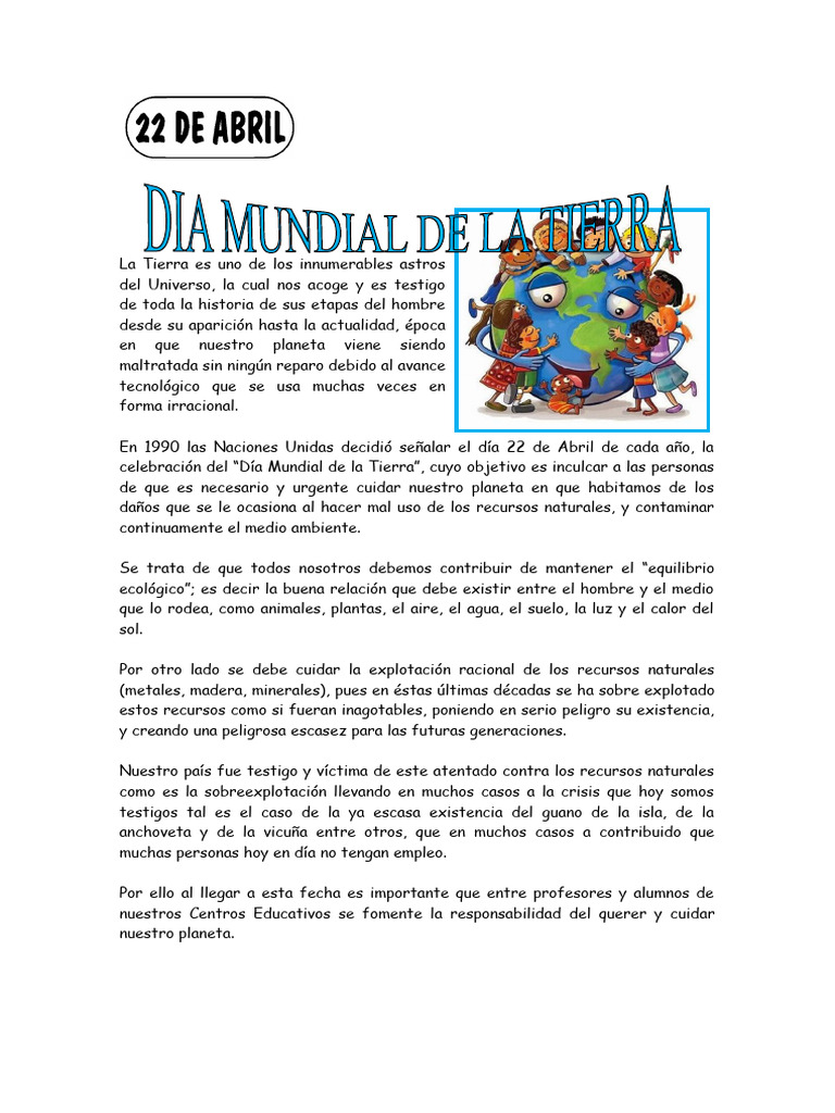 22 DE ABRIL - Día de Mundial de La Tierra. | PDF | Ciencias sociales ...