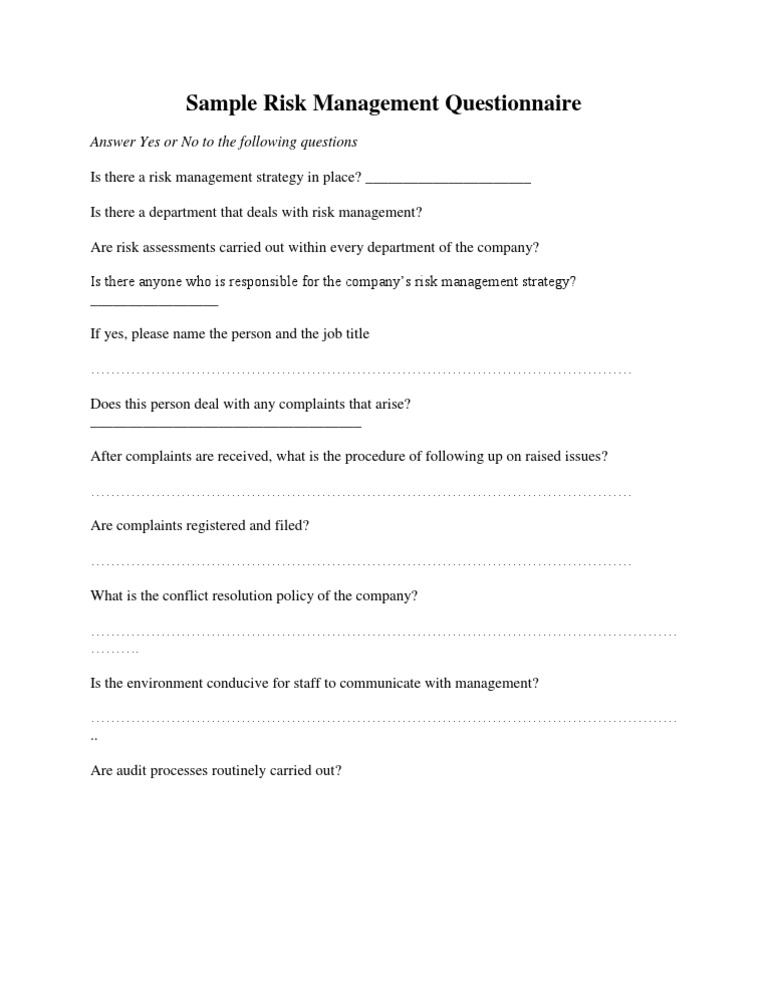 Sample Risk Management Questionnaire: Answer Yes or No To The Following ...