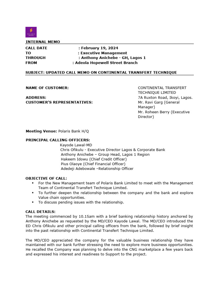 CALL MEMO - CONTINENTAL TRANSFERT | PDF | Interest | Credit