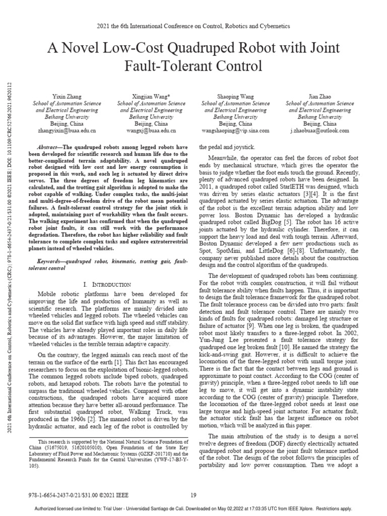 A Novel Low-Cost Quadruped Robot With Joint Fault-Tolerant Control | PDF | Robotics | Fault ...
