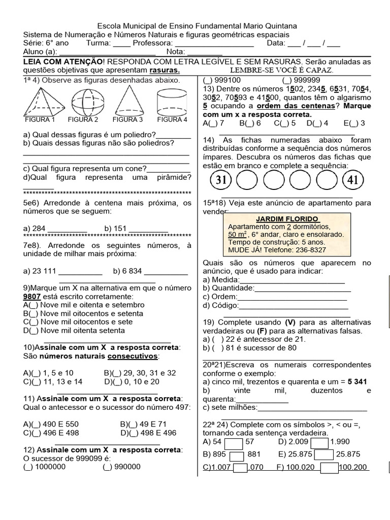 Sistema de Numeração e Números Naturais e Figuras Geométricas Espaciais ...