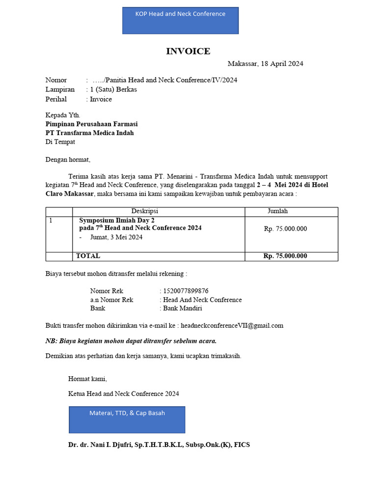 Draft Invoice Head and Neck Conference 2024 | PDF