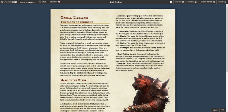 Gnoll Tiefling - The Homebrewery | PDF | Fantasy Role Playing Games | D20 System