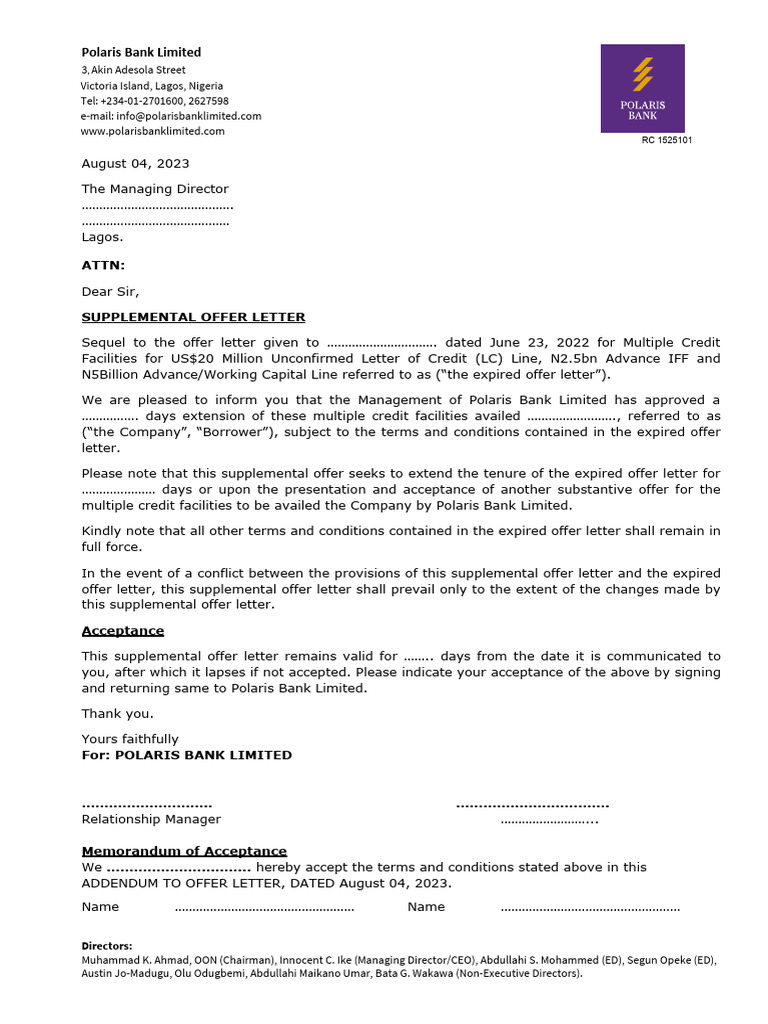 Sample Addendum Offer Letter | Download Free PDF | Banking | Financial ...