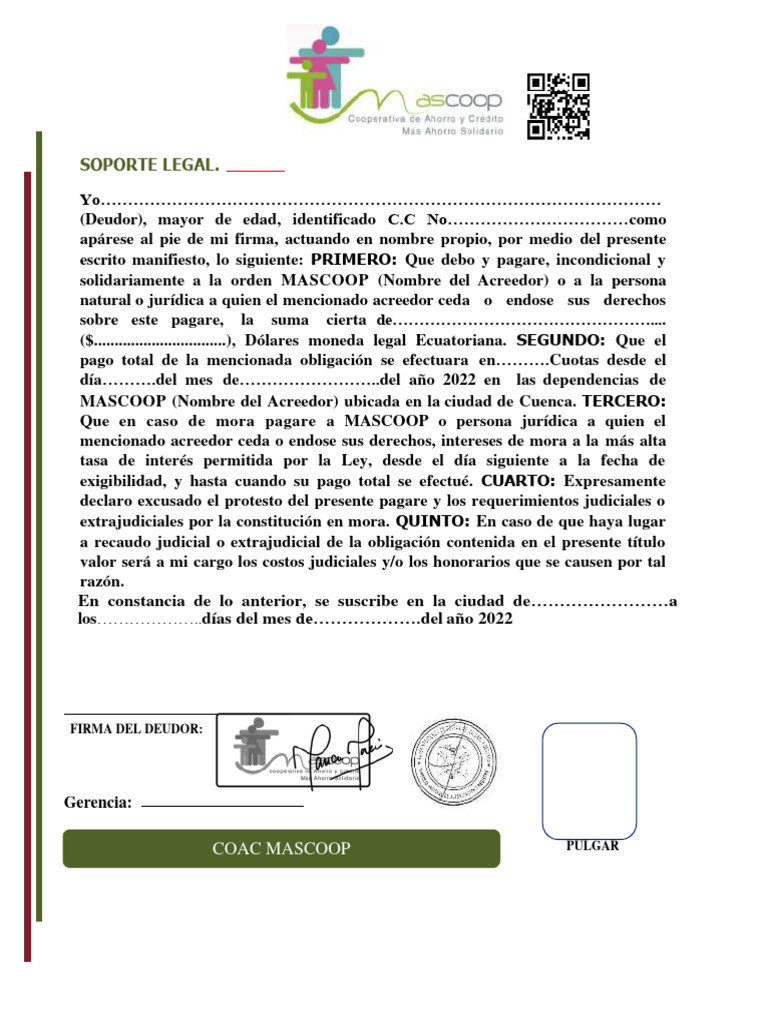 Contrato de Pago de Deuda MASCOOP | PDF