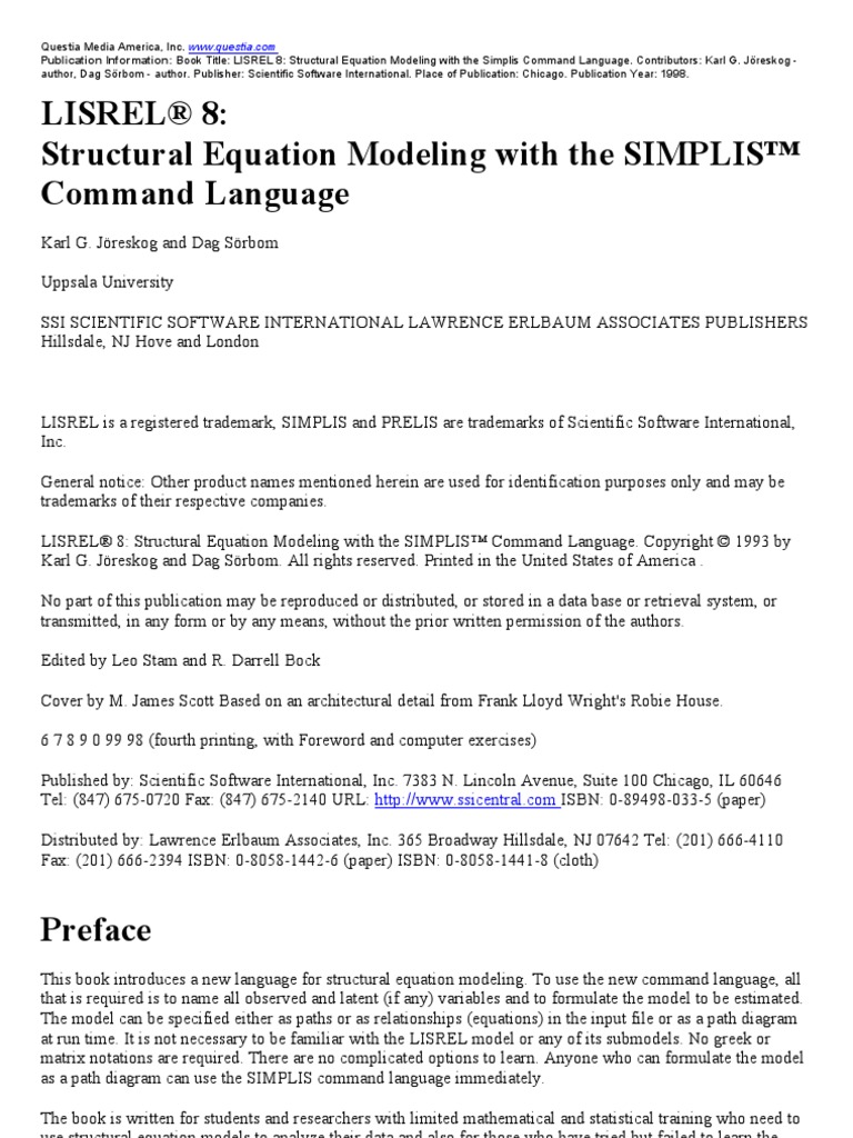 Joreskog&Sorbom - LISREL 8 - Structural Equation Modeling With Simplis Command Language (1998 ...