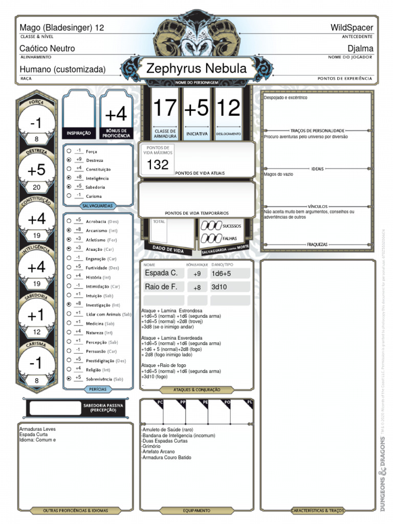 Ficha de Personagem Zephyrus One Shot | PDF