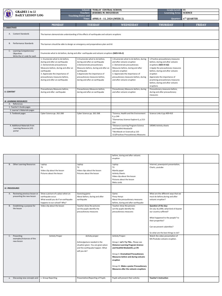 DLL - Science 6 - Q4 - W2 | PDF | Volcano | Earthquakes